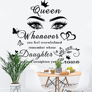 Girls Inspirational Wall Stickers Wall Art Quote Queen Wall Decals Positive Motivational Butterfly Decor Eyes Wall Sticker for Women Girls Bedroom Living Room Beauty Salon Home Decor.