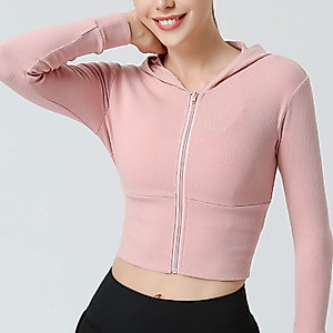 Cropped Jacket for Women Thin Brushed Plain Skinny Hoodie Crop Tops Athletic Sport Fitness Active Shirts Clothes Outwear Outfits with Zipper Pink Large