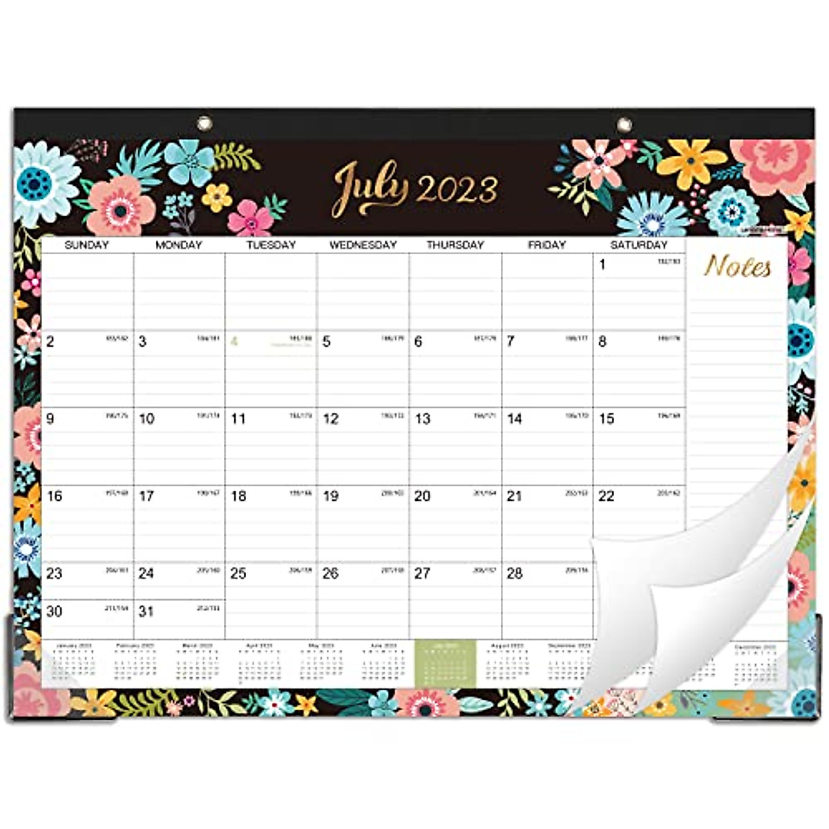 Desk Calendar 2023-2024 - Large Desk Calendar 2023-2024, Jul. 2023 - Dec. 2024, 22" x 17", Thick Paper with 18 Months, Corner Protectors, Large Ruled Blocks & 2 Hanging Hooks - Black Floral