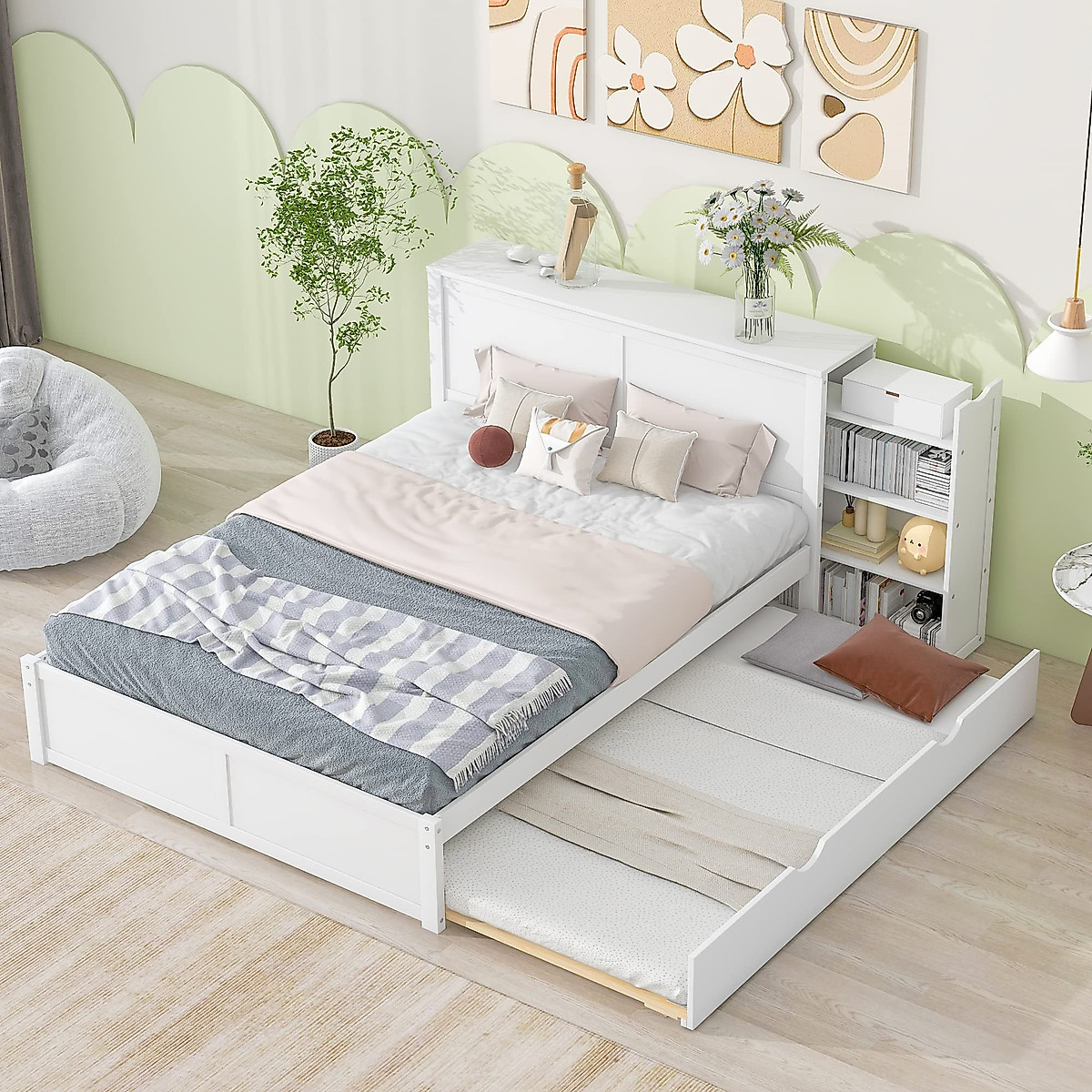 Merax Queen Size Storage Platform Bed with Pull Out Shelves and Twin Size Trundle