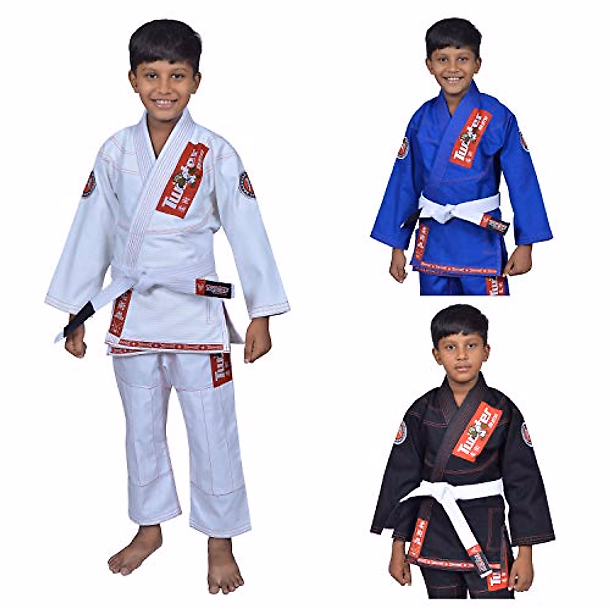 Twister Kids Jiu Jitsu Gi Ultra Light Fabric Youth BJJ Gi with free White Belt Included (White/Red, C1)
