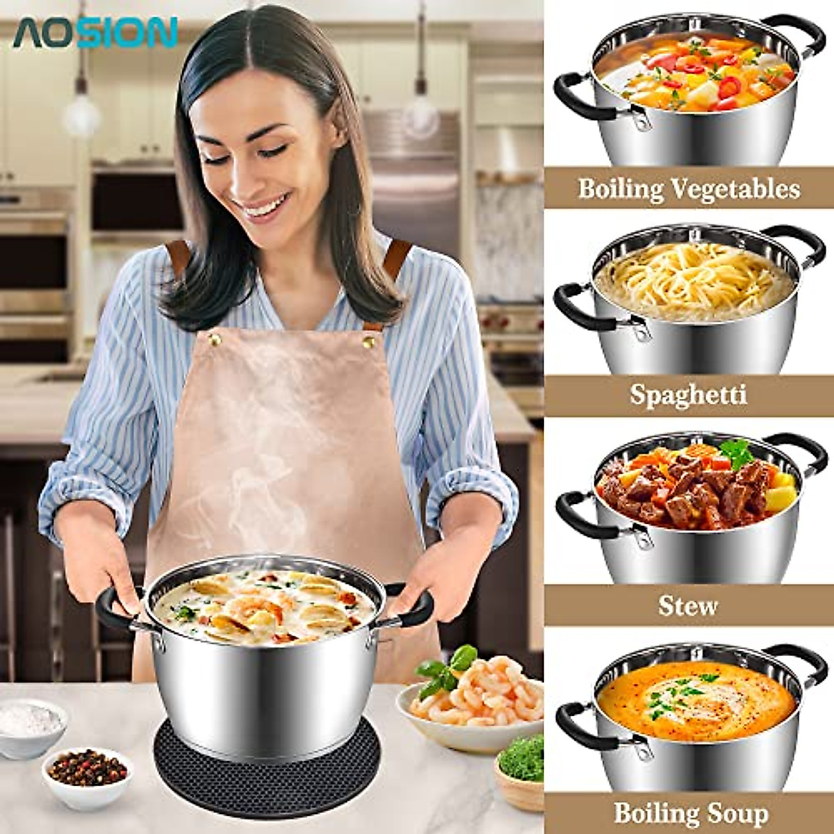 AOSION 6 Quart Stainless Steel Stockpot, All-In-One 6QT Stock Pot, Soup Pasta Pot with Lid, Cooking Pot, Induction Pot, Sauce Pot Compatible with All Stoves, Heat-Proof Double Handles, Dishwasher Safe