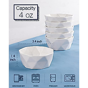 Delling Ramekins 4 oz Set, Creme Brulee Ramekins Oven Safe, Geometric Souffle Dishes Ramekins, Porcelain Ramekin for Baking Souffle Ramekins Bowls, Small Souffle Dishes Bowls Set of 6, White
