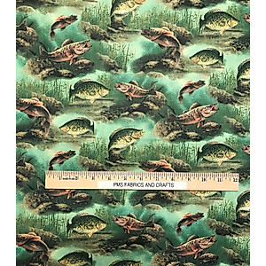 Fat Quarter 1/4 Yard - Bass Trout Fish Fishing Fisherman Sewing Fabric 100% Cotton (18" x 22")
