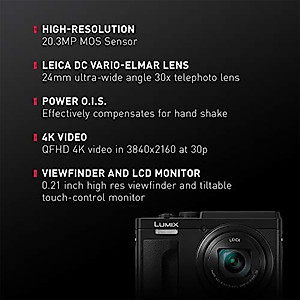 PANASONIC LUMIX ZS80 20.3MP Digital Camera, 30x 24-720mm Travel Zoom Lens, 4K Video, Optical Image Stabilizer and 3.0-inch Display – Point & Shoot Camera with Lecia Lens - DC-ZS80K (Black)