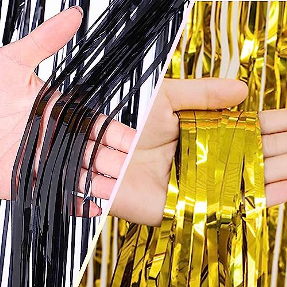 EUFARS Black and Gold Party Decorations - 4Pack 3.2x8.2ft Foil Fringe Curtains for Birthday Graduation Masquerade Gatsby Themed Party Decorations