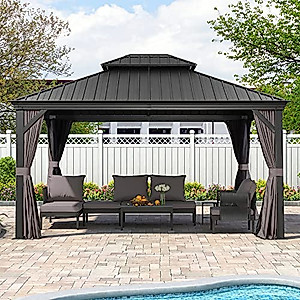 PURPLE LEAF 12' X 14' Hardtop Gazebo Aluminum Permanent Outdoor Gazebo with Galvanized Steel Double Roof for Patio Backyard Curtains and Netting Included Grey