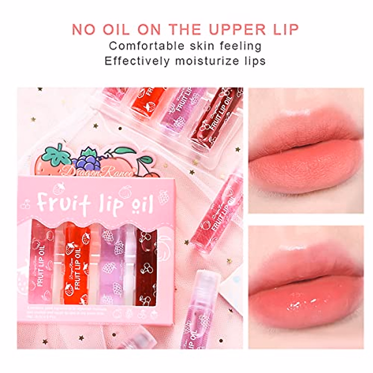 Alisesun 4 Pcs Fruit Roll-on Lip Gloss Set, Clear Lip Gloss Crystal Jelly Liquid Lipstick, Plumping Lip Oil Moisturizing Hydrating Non-Sticky, Nice Gift for Women Girl