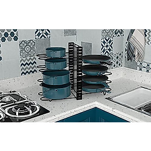 SOCONT Pot and Pan Organizer for Cabinet, Adjustable 8 Tiers Pans Pots Lid Organizer Rack Holder with 3 DIY Methods, Hanger Stacker Organizer Stand for Kitchen Counter and Cabinet