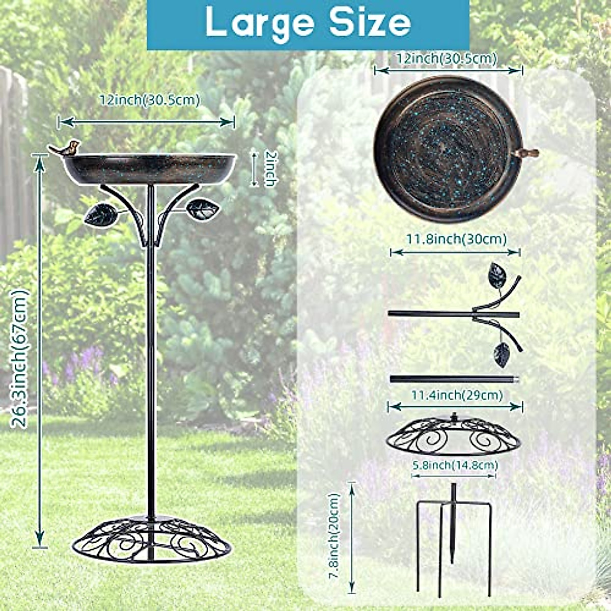DREAMSOUL 26 Inch Pedestal Bird Bath with 4 Prongs Stake, Metal Bird Baths for Outdoors Garden Yard Patio Decor