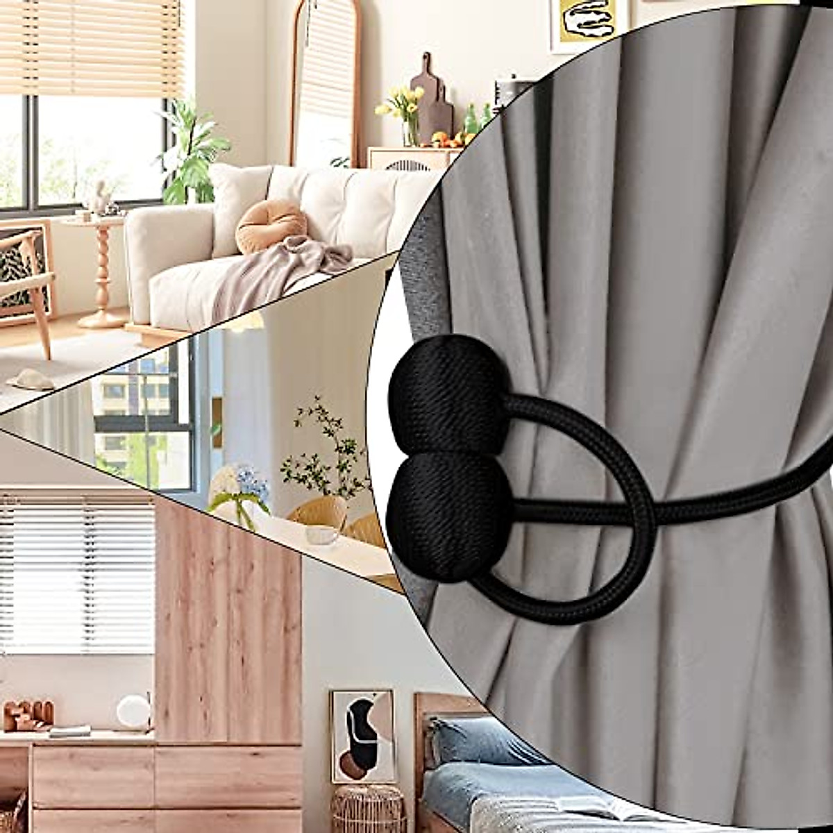 Aosivm Magnetic Curtain tiebacks,Curtain tie Backs,tiebacks for Drapes or Curtains Elegant Decorative Home Bedroom Office (Black, 2)