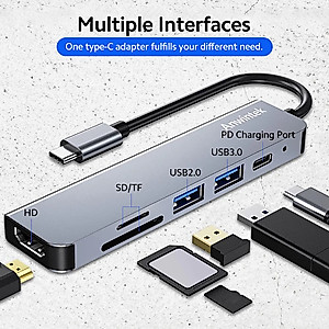 USB C Hub, 6-in-1 Type C Adapter Mini Docking Station with 4K HDMI, 2 USB 3.0 Ports, SD/TF Card Reader, 65W Power Supply Compatible with iPad Pro/MacBook/Type C Devices (USB-C-6 in 1)