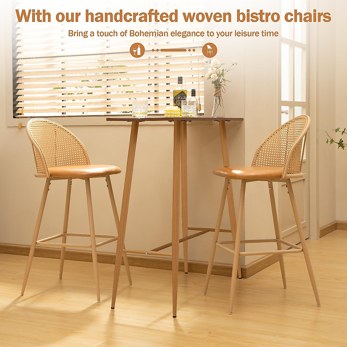 SICOTAS Rattan Bar Stools Set of 2 - Boho Counter Height Barstools - 29" Armless Bar Stools for Kitchen Island - Farmhouse Bar Stools with Back and Leather Cushion - Vintage Design Tall Kitchen Chairs