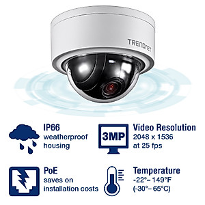 TRENDnet Indoor/Outdoor 3MP Motorized PTZ Dome Network Camera, 4X Optical Zoom, 16x Digital Zoom, Autofocus, IP66 Housing, Free iOS and Android Mobile apps, ONVIF Profile S, TV-IP420P