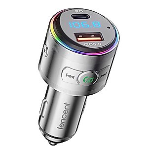 LENCENT Bluetooth 5.3 FM Transmitter,Full Metal Bluetooth car Adapter with PD 20W & QC3.0 Fast Charger,Hi-Fi Music/Clear Calling car FM Bluetooth Adapter,【Color Light】