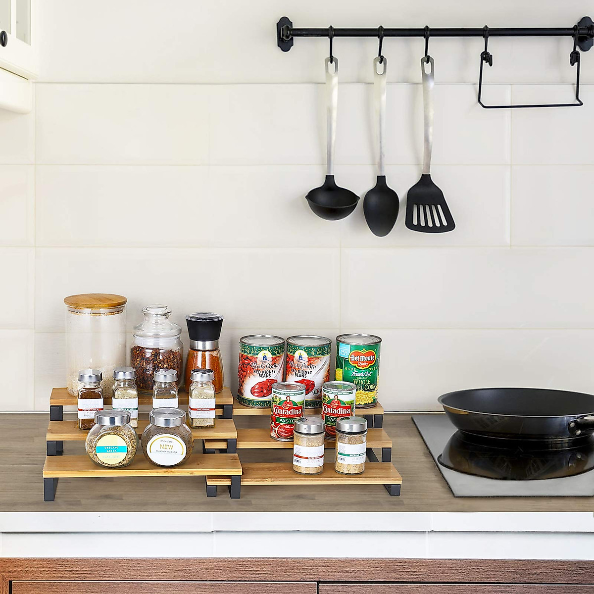 MOOACE 3 Tier Expandable Spice Rack Set (15.35"--22.2"L), Step Shelf Organizer for Cabinet Countertop Pantry, Set of 2