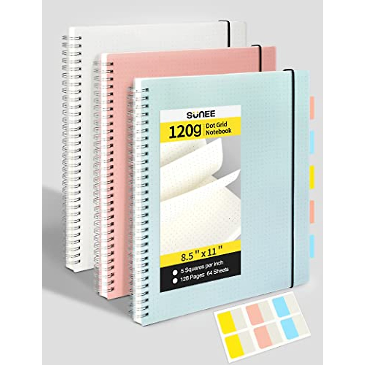 SUNEE Dotted Journal Spiral Notebook - Large Spiral Bullet Journals, 8.5" x 11", 120gsm Thick Dotted Paper, 3 Pack Dot Grid Notebook Giftable Journal for Women for School, Office, Artist Writing/Drawing, 64 Sheets, Blue, Pink, Transparent