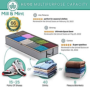 Mill & Mint – 3 Underbed Storage Bags + 1 Organizer Tote– Foldable, Large Under Bed Storage Containers for Clothes, Blankets, Shoes & Toys, Gray