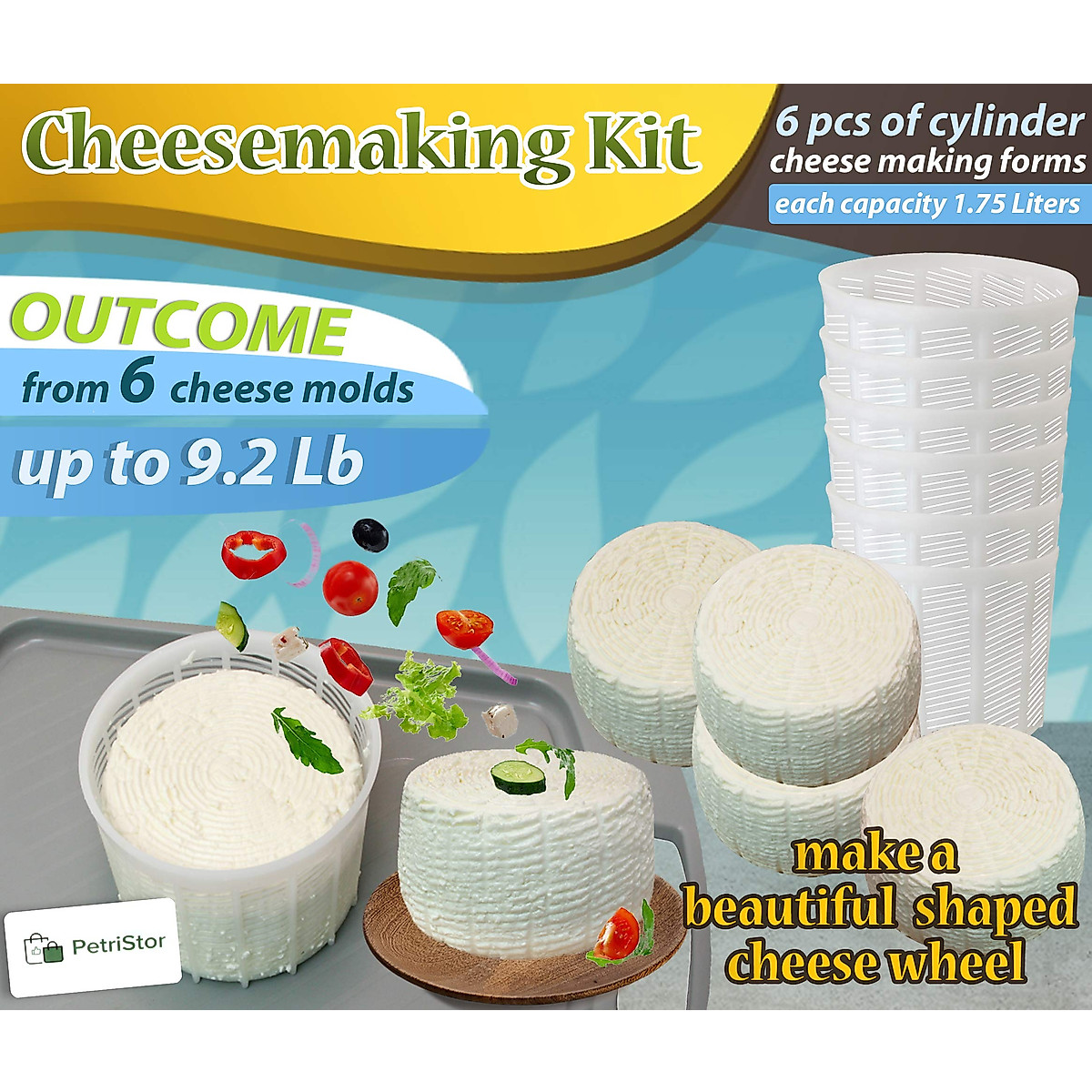 PetriStor 6 Pcs Soft Cheese Mold for Cheese Making 1.85QT - Cheese Making Mold - Cream Cheese Form Mold - Homemade Cheese Making Supplies - Molde Para Queso Fresco Casero - Feta Cheese Making Basket