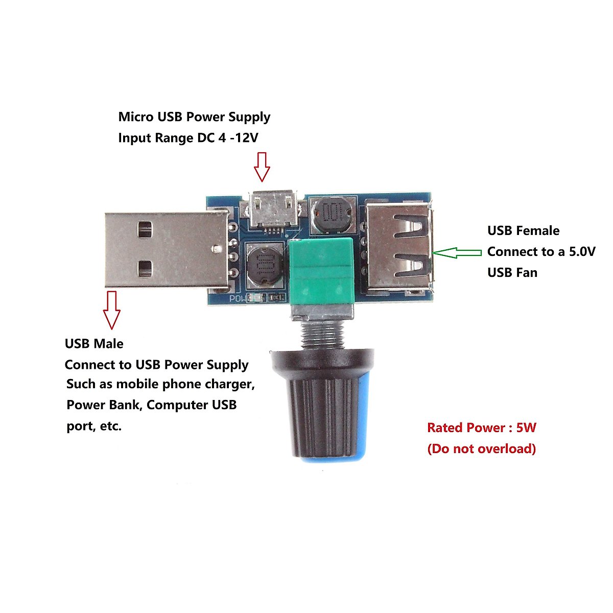 NOYITO 5V USB Fan Stepless Speed Controller Regulator with Switch Speed Module DC 4-12V to 2.5-8V 5W （Pack of 2）