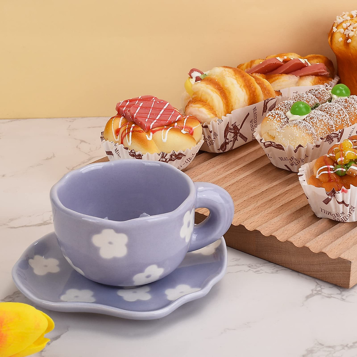 Koythin Ceramic Coffee Mug with Saucer Set, Cute Creative Cup Unique Irregular Saucer Design for Office and Home, 6 oz/180 ml for Latte Tea Milk, Mothers Day Gifts (Purple Flower)