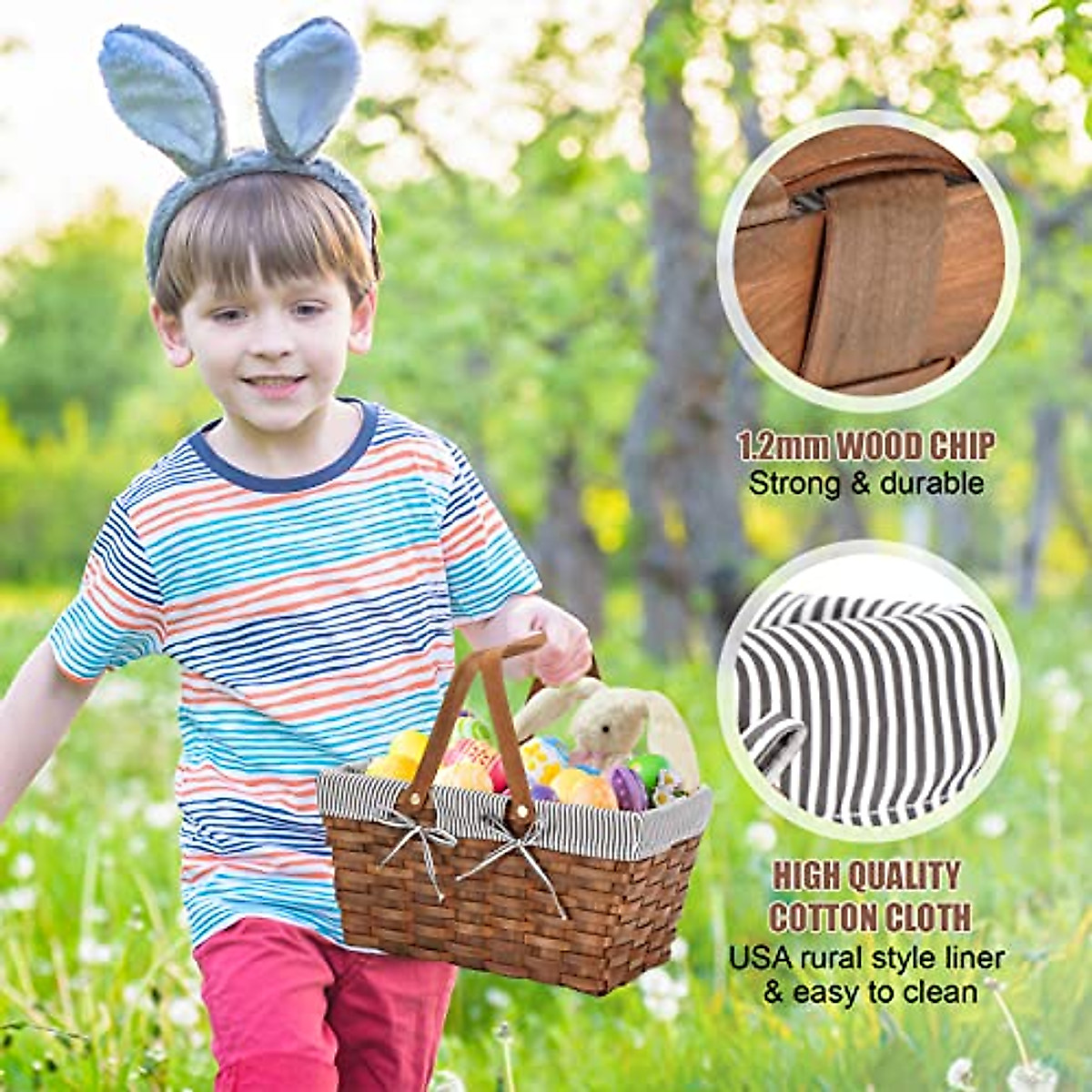 Woodchip Picnic Basket with Double Folding Handles, Natural Hand Woven Basket, Eggs Candy Basket for Easter, Kids Toy Storage Basket, Wedding Flower Girl Baskets for Valentine Day, Birthday, Grey