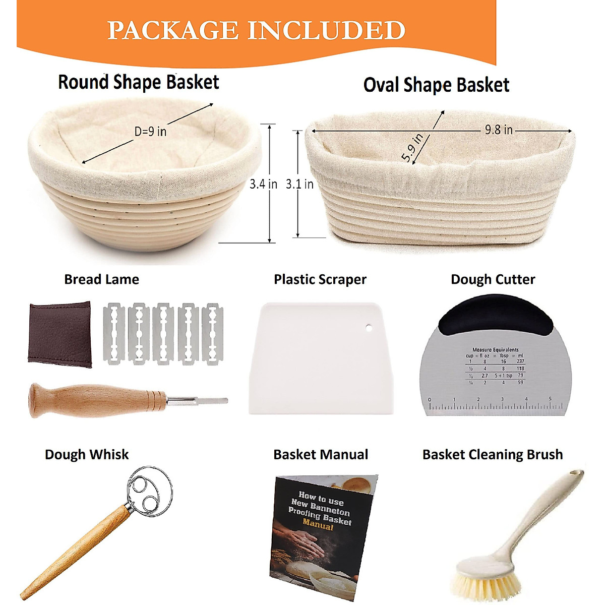 Banneton Bread Proofing Basket set-A complete Sourdough Proofing Basket kit of 9 Inch Round and 10 Inch Oval Bread Baskets with Cloth Liners Dough Scrapers Dough Whisk Bread Lame and Cleaning Brush