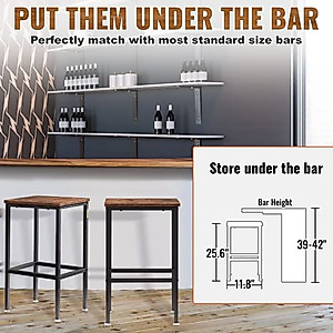 VEVOR Rustic Bar Stools, 25.6” Tall Rectangle Seat, Set of 2 Bar Chairs with Footrest Steel Frame Adjustable Feet, Wooden Industrial Kitchen Stool for Kitchen Dining Living Room, Rustic Brown