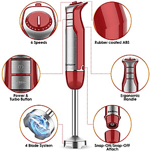 Blackcow Immersion Blender Handheld,800W Powerful Electric Hand Blender with 6-Speed&Turbo,Electric Mixer Handheld for kitchen,Smoothie,Soup,Baby Food,Puree,Drinks,RoseRed