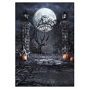 Allenjoy 5x7ft Halloween Themed Photography Backdrop Moonlight Pumpkin Vintage Scary Gate Horrible Birthday Party Background for Portrait Banner Baby Shower Home Decors Photo Props