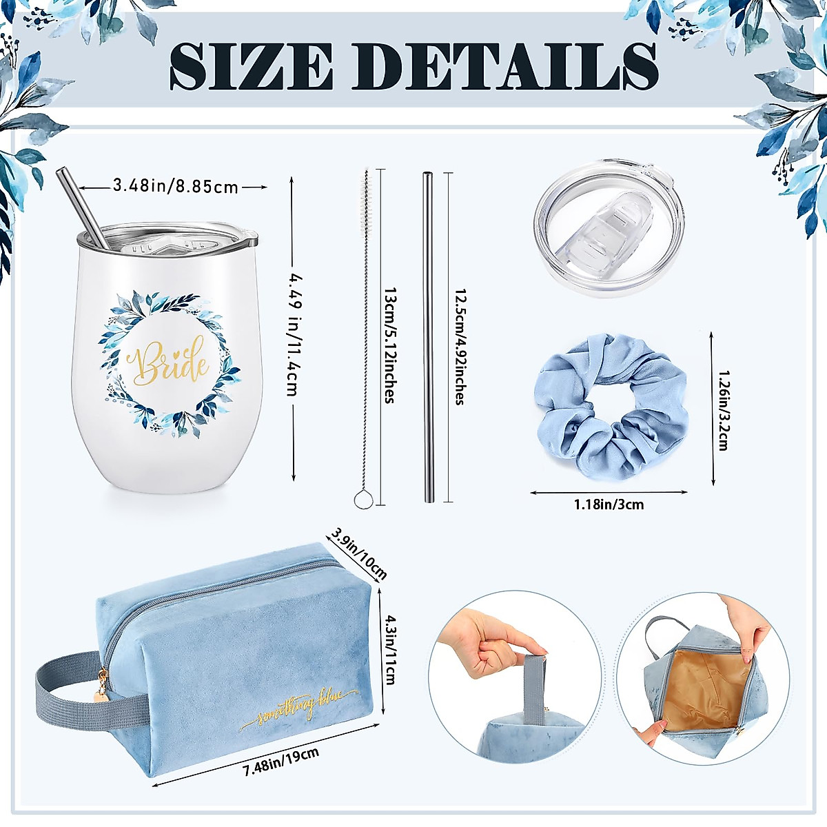 Set of 3 Something Blue Wedding Gift for Bride Blue Flowers Bride Sign 12 oz Stainless Steel Insulated Tumbler with Lids Something Blue Bridal Cosmetic Bag Blue Scrunchies Hair Tie Gifts to Bride