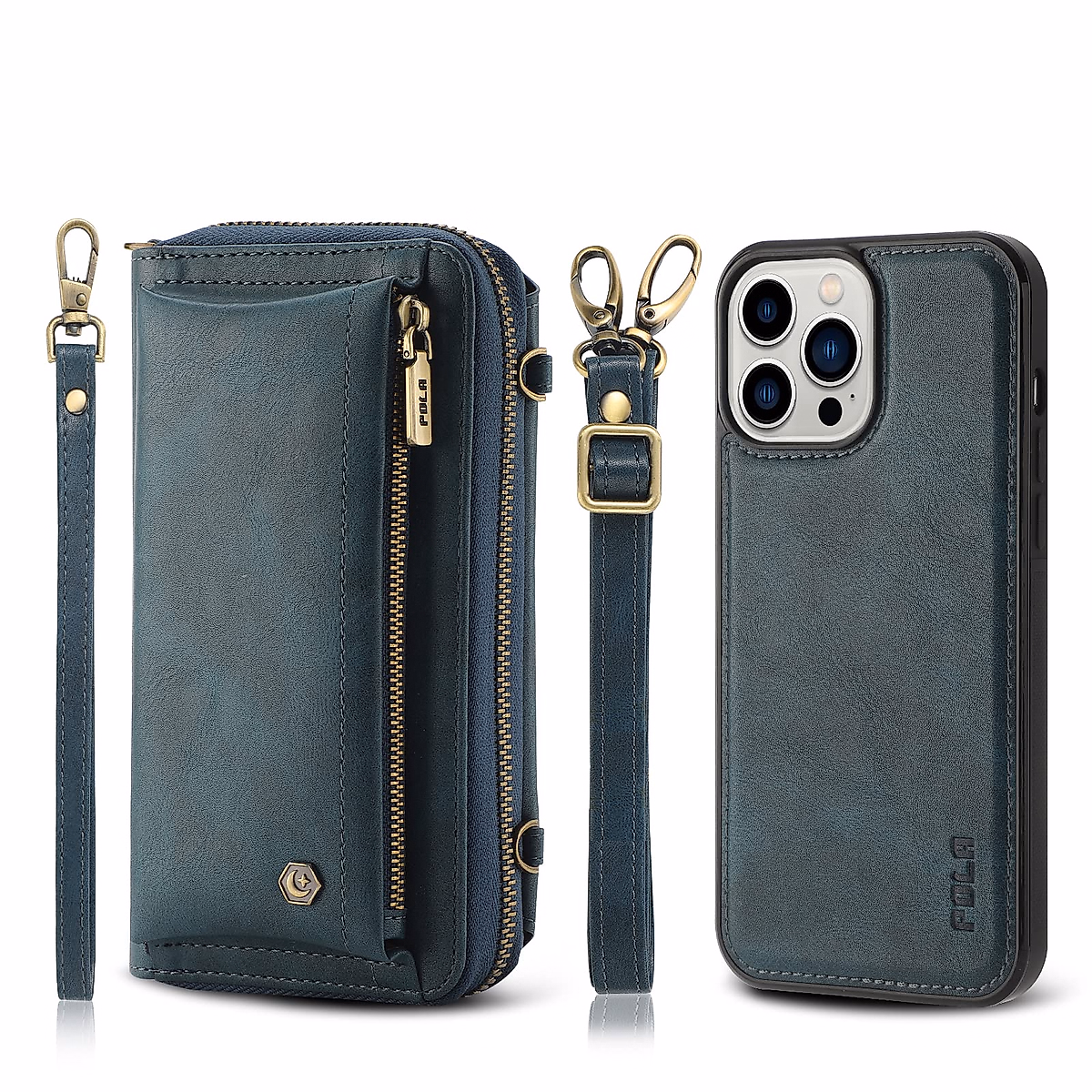 nincyee Multifunction Clutch Bag Case for iPhone 13 Pro Max,Large Capacity Leather Wallet Crossbody Case,Zipper Pocket Card Slot Case with Shoulder Strap Blue
