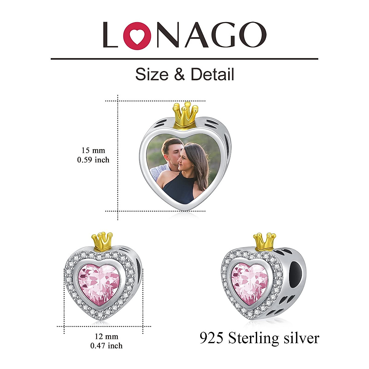 LONAGO Personalized Photo Charm for Women 925 Sterling Silver Heart Shaped Simulated Birthstone Bead Charm (October)