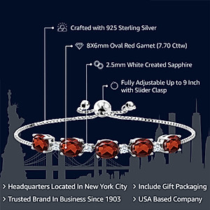 Gem Stone King 925 Sterling Silver Red Garnet and White Created Sapphire Tennis Bracelet For Women (7.70 Cttw, Oval 8X6MM, Gemstone Birthstone, Fully Adjustable Up to 9 Inch))