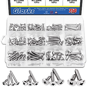 Glarks 250Pcs M3 M4 M5 M6 Metric 304 Stainless Steel Phillips Truss Head Sheet Metal Tek Screws Assortment Kit, 12 Sizes 12-30mm Pan Head Self Tapping Wood Screws Set