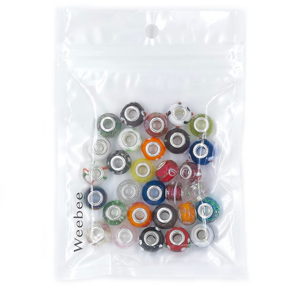 Weebee Murano Glass Beads Large Hole Beads European Lampwork Spacer Beads Silver Plated Cores Bracelet Charms for Jewelry Making 50 Pcs Mix