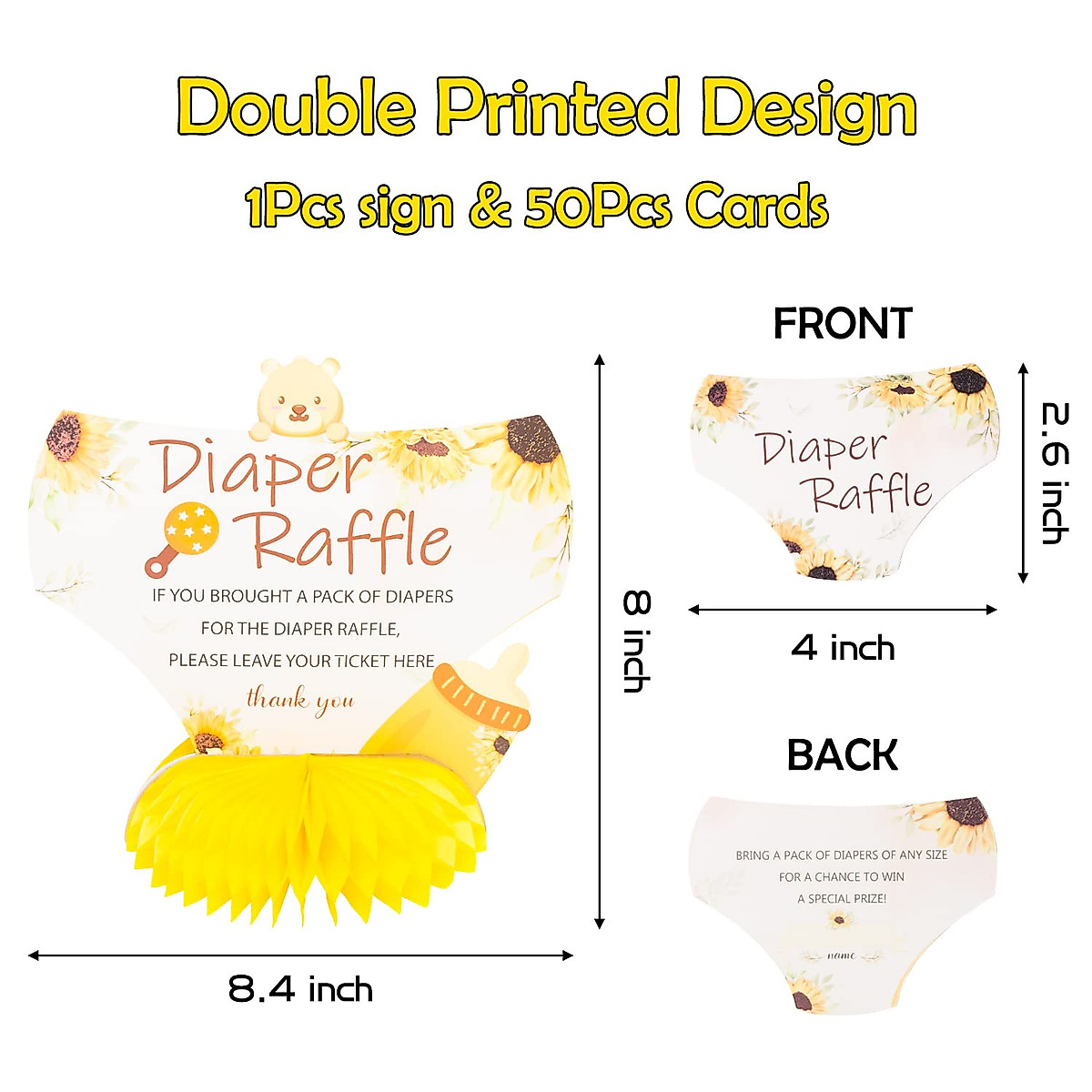 Luiqs Vens Sunflower Diaper Raffle Sign with 50Pcs Diaper Shaped Raffle Ticket Insert Bring a Pack of Diapers Game Kit Sunflower Lottery Insert Cards for Baby Shower Birthday Gender Reveal Party