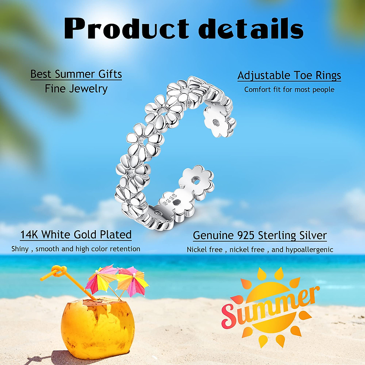 FIASASO 925 Sterling Silver Toe Rings for Women Adjustable 14K White Gold Plated Flower Cz Snake Twist Opal Band Rings Summer Beach Open Toe Rings Foot Jewelry