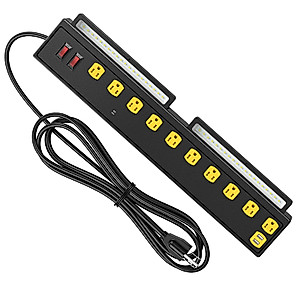 10 Outlet Heavy Duty Power Strip with LED Work Light, Wall Mount Long Power Strip with USB Ports, 6 FT Power Cord 1350 Joules Outlet Surge Protector for Workshop Garage Industrial (ETL Listed)
