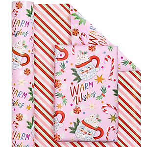 WRAPAHOLIC Reversible Christmas Wrapping Paper - Mini Roll - 17 Inch X 33 Feet - Santa Claus Cup and Stripe Design for Chrsitmas, Holiday, Party Celebration