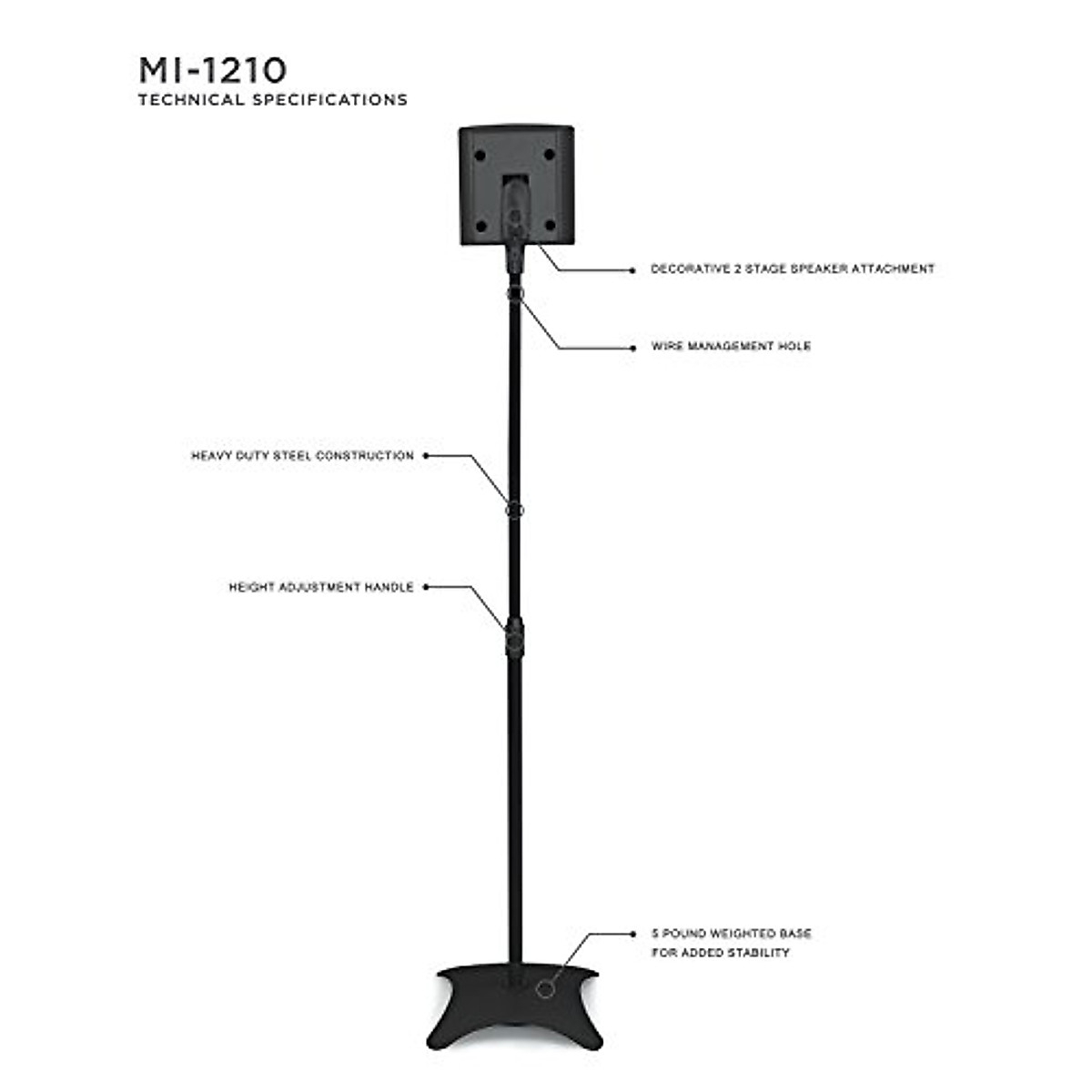 Mount-It! Speaker Floor Stands | Height Adjustable with Cable Management for Satellite, Small Bookshelf & Bluetooth Speakers up to 10 Lbs | Fits Vizio, Polk, Bose, JBL, Sony & Samsung | 1 Pair, Black