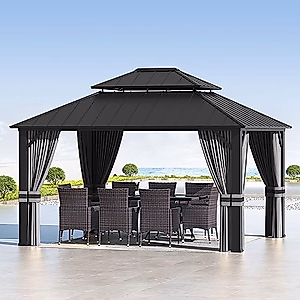 Gotland 12' x 14' Hardtop Gazebo,Outdoor Galvanized Steel Metal Double Roof Pergola with Curtains and Netting for Patios, Gardens, Lawns(Grey)