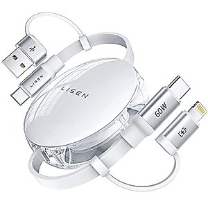 LISEN 4 in 1 Multi Charging Cable [Carry Anywhere] [Fast Charge All Devices] 60W PD USB C Charging Cable Retractable iPhone Charger Multiple Cord for Samsung Galaxy S23+/iPhone 14/Laptop/iPad(3.3FT)