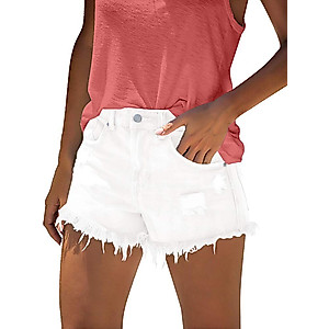 onlypuff White Jean Shorts Zipper Fly Distressed Ripped Denim Shorts with 5 Pockets XL.，，