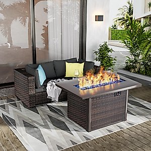 GREZJXC 3 Pieces Outdoor Sectional Patio Furniture Set with Fire Pit Table PE Rattan Wicker Patio Sectional Conversation Set with Cushions Black