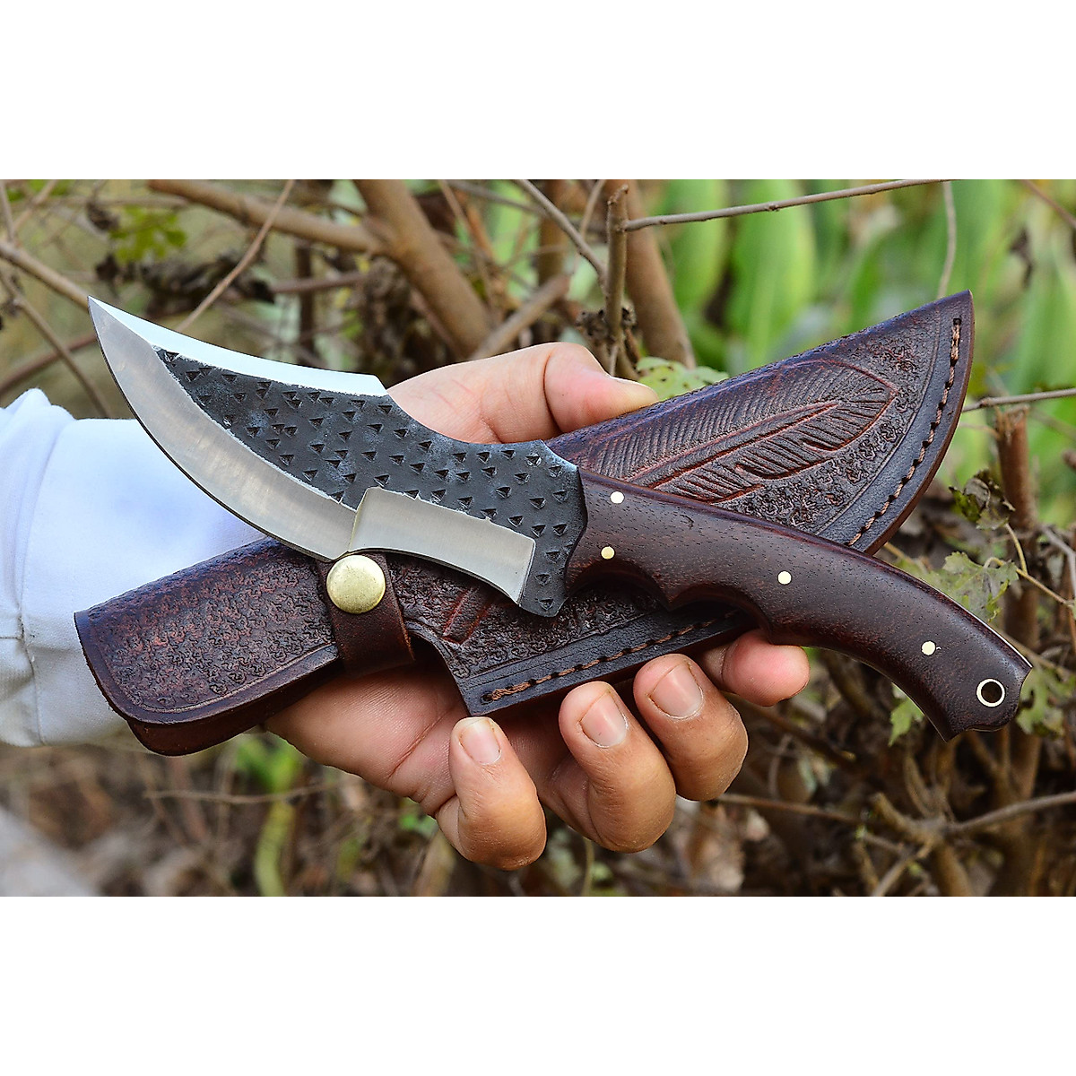 ALZAFASH Tracker Knife with Sheath, Handmade Hunting Knife, Full Tang Camping Knife with Wooden Handle, Hand-forged Steel Blade Knife, Survival Knife