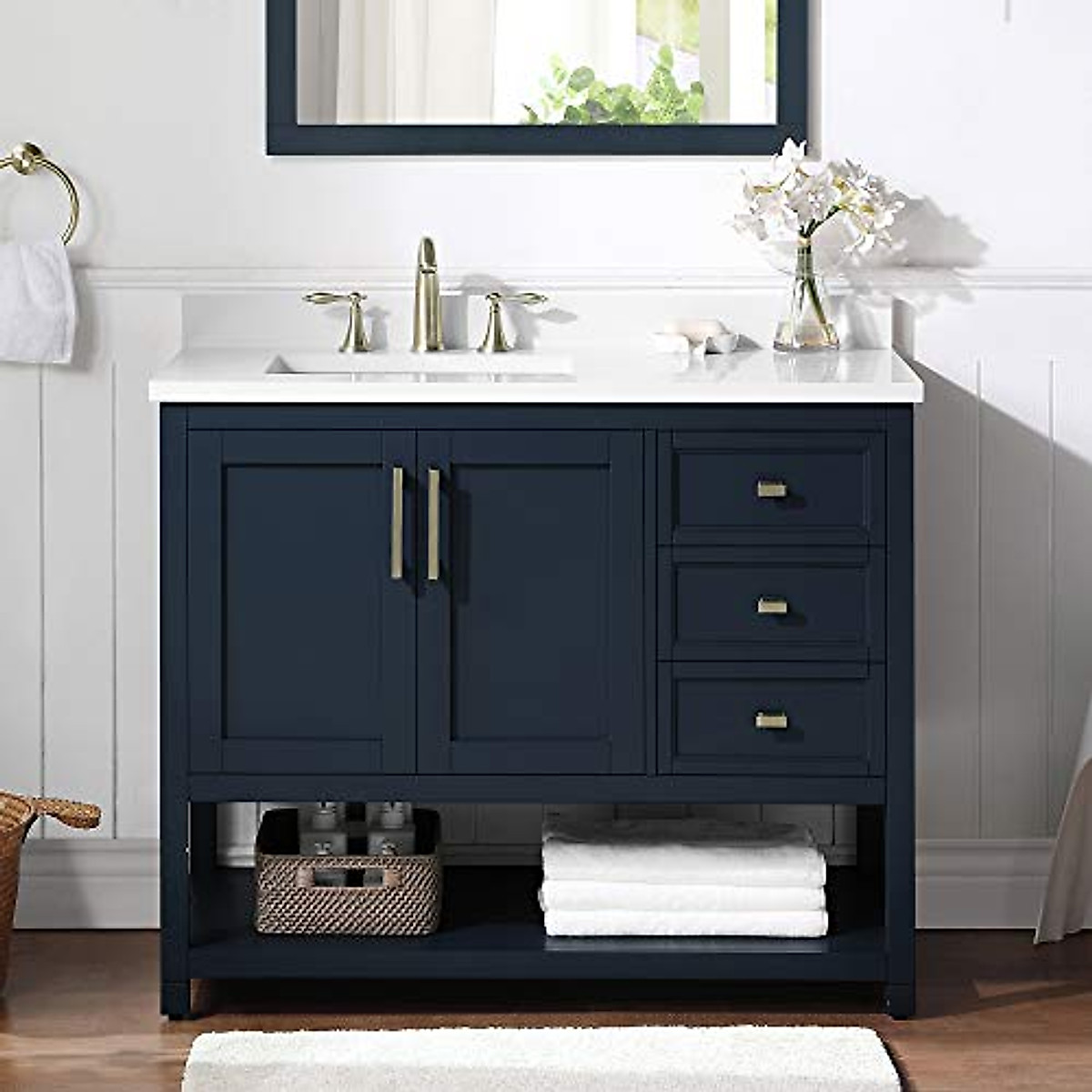Ove Decors Stanley 42 inch Bathroom Vanity Combo Freestanding Bath Cabinet | Modern Single Sink with Cultured Marble Countertop | Backsplash Included, Midnight Blue