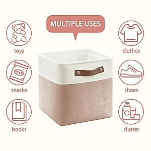 Patvingot Collapsible Fabric Cube Storage Bins 11x11×11, Pack of 6 Closet Basket Boxes with PU Handles for Organizing Shelves, Toys, Clothes, Home, Office,Laundry,Office(White&Pink)