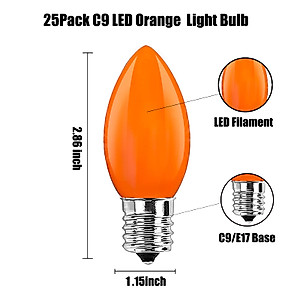 25 Pack C9 Orange Christmas Replacement Bulbs, LED Orange Ceramic Night Lights for Halloween Christmas Outdoor Indoor Patio String Lights, C9/E17 Candelabra Base, 0.6 Watt