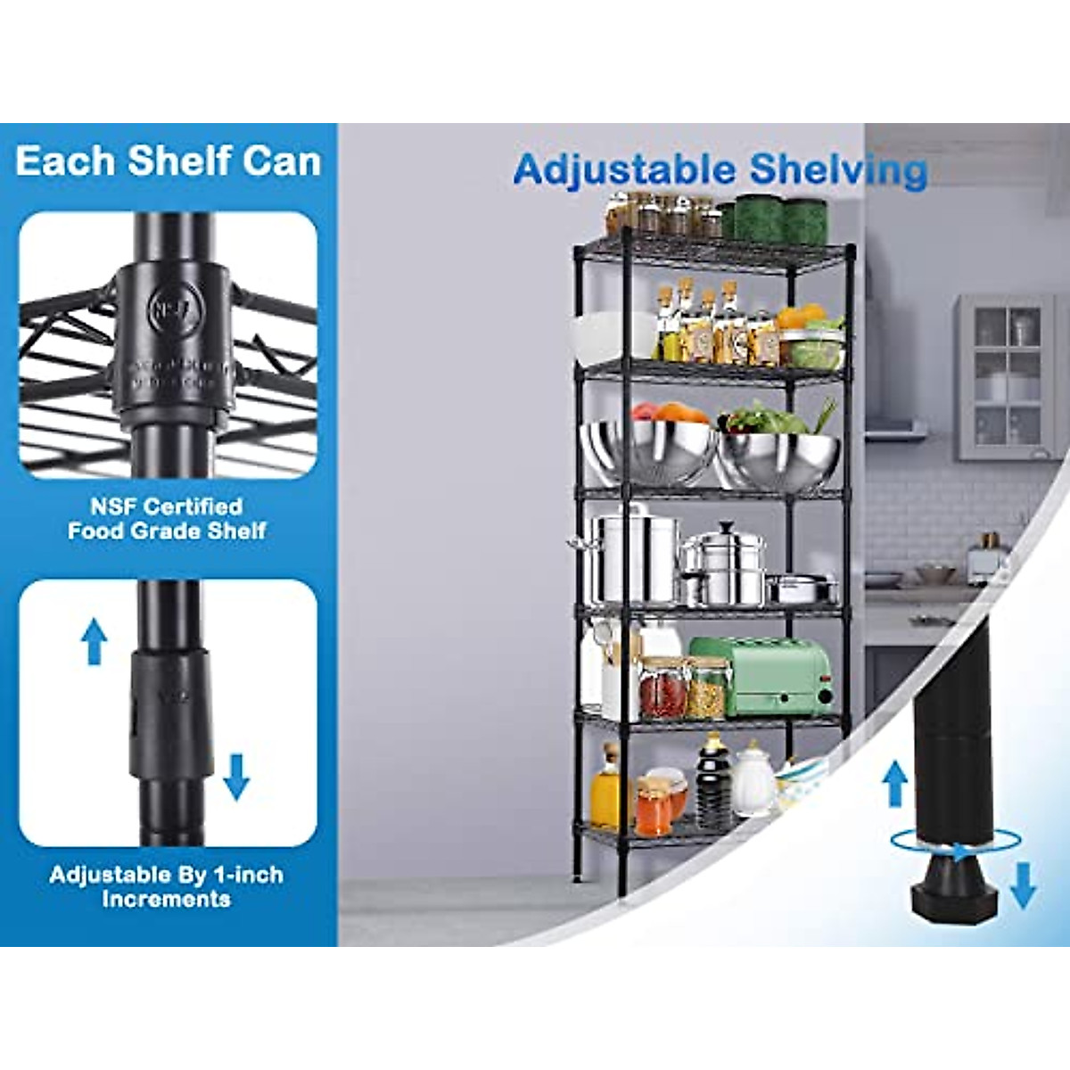 6-Tier Wire Shelving Metal Storage Rack, Adjustable Shelving Unit Free Standing Storage Shelf with Leveling Feet, 24"Lx14"Wx60"H Storage Shelves Organizer Unit for Office Studio Plant Craft, Black